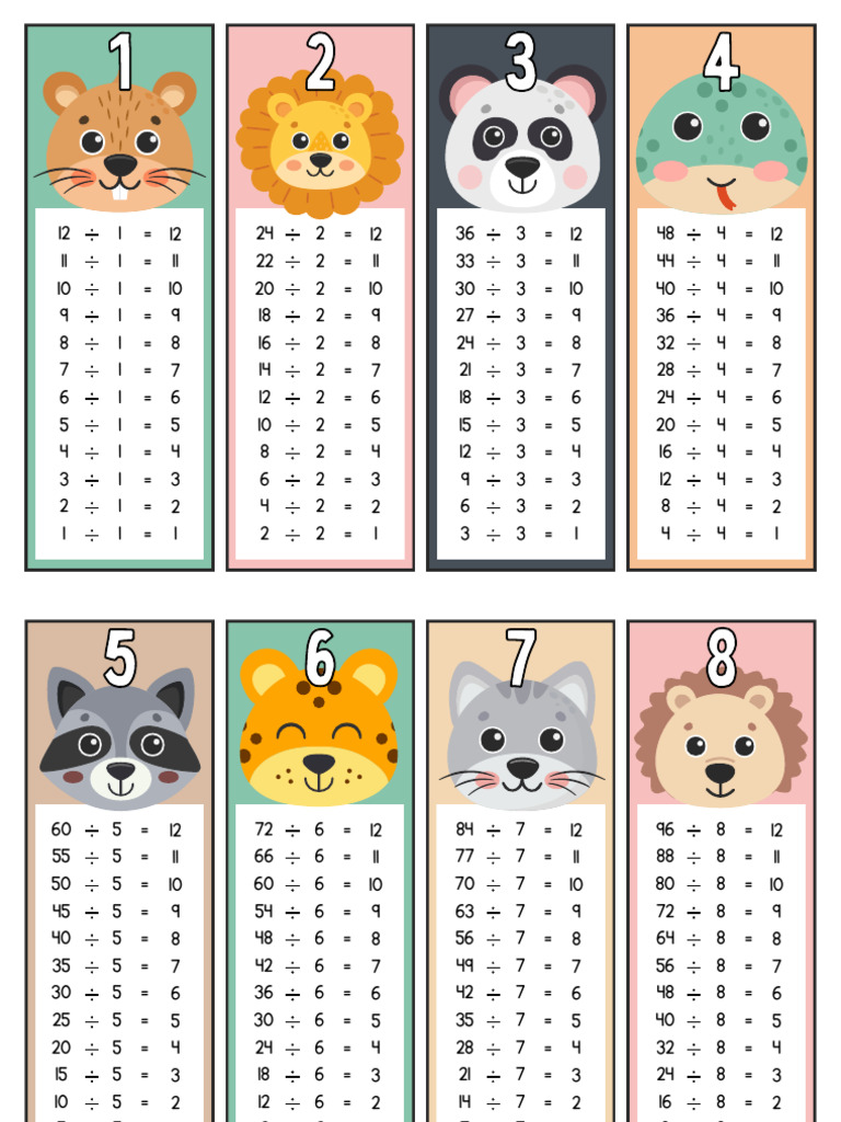 Animals Division Mathematics Flashcards in Colorful Animal Illustrative ...