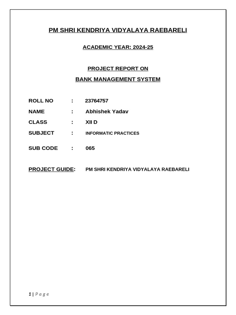 Computer Science Project On Bank Management System Class 12 Sujal ...