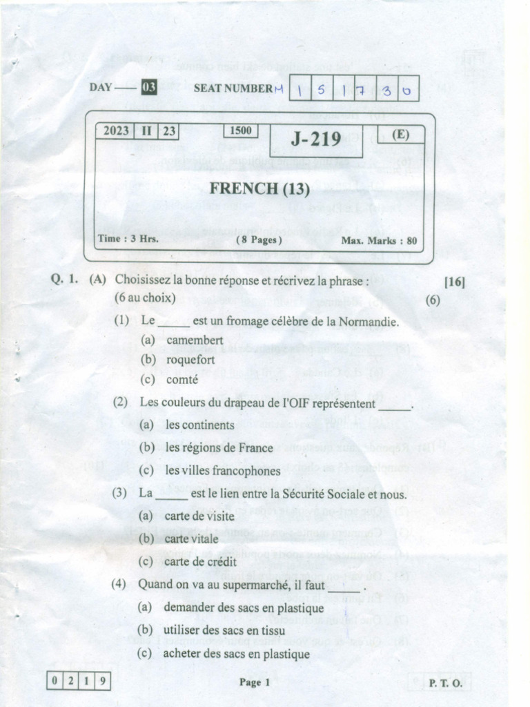 SYJC Board Final Exam French | PDF