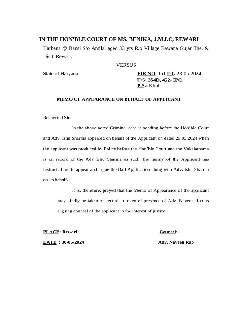 Memo of Appearance for Bail Application | PDF
