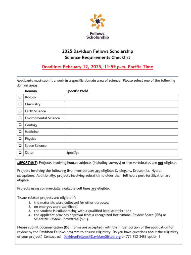 2025 Davidson Fellows Science Checklist | PDF | Mentorship | You Tube