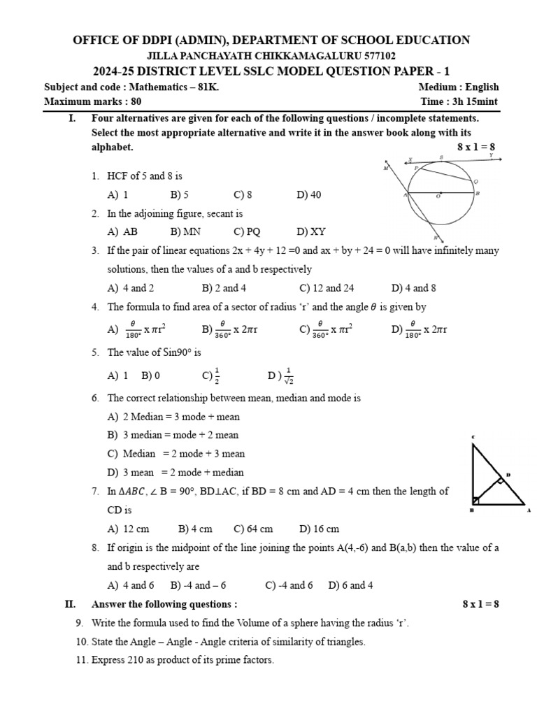 10th STD Maths Model Paper-1 Eng Version 2024-25 by CKM | PDF | Area ...