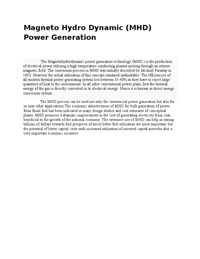 MHD Power Generation Technology Explained | PDF | Magnetohydrodynamics ...
