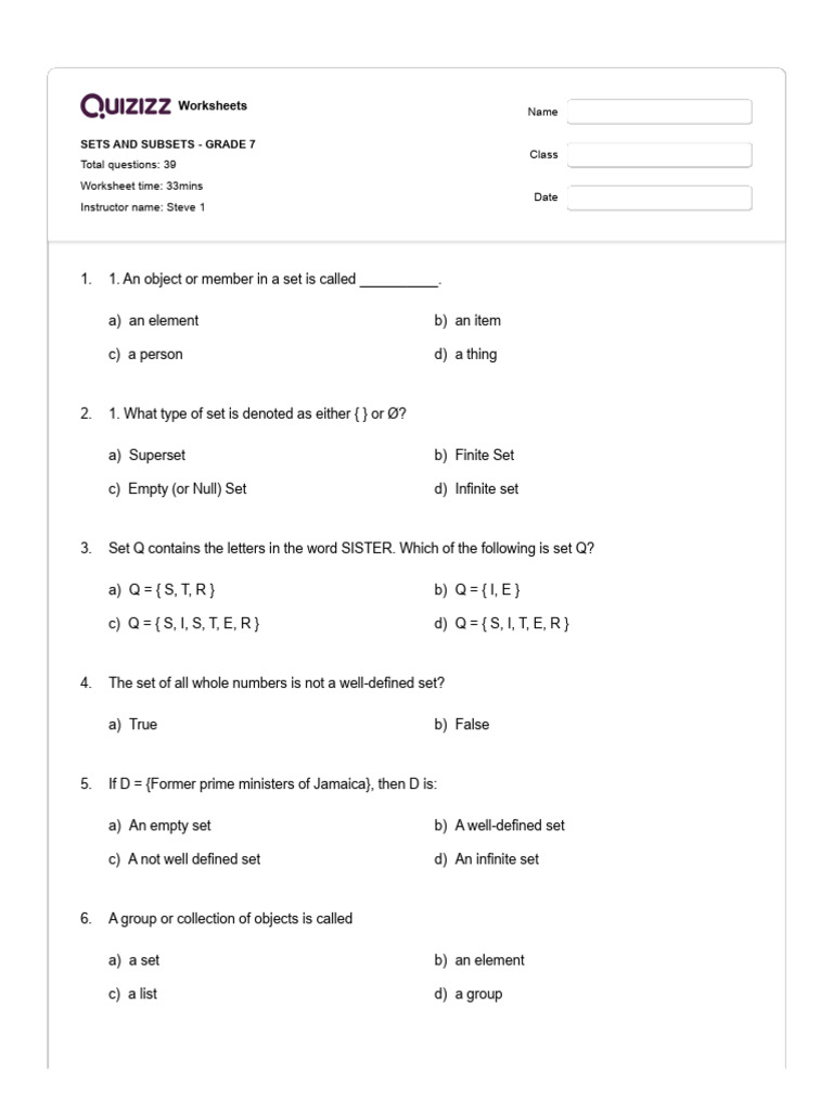 Sets and Subsets - Grade 7 - Quizizz | PDF | Set (Mathematics) | Empty Set