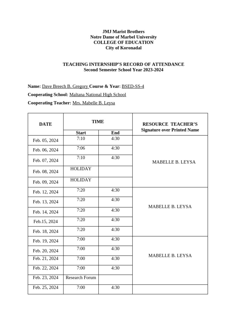 Teaching Internship Record of Attendance | PDF