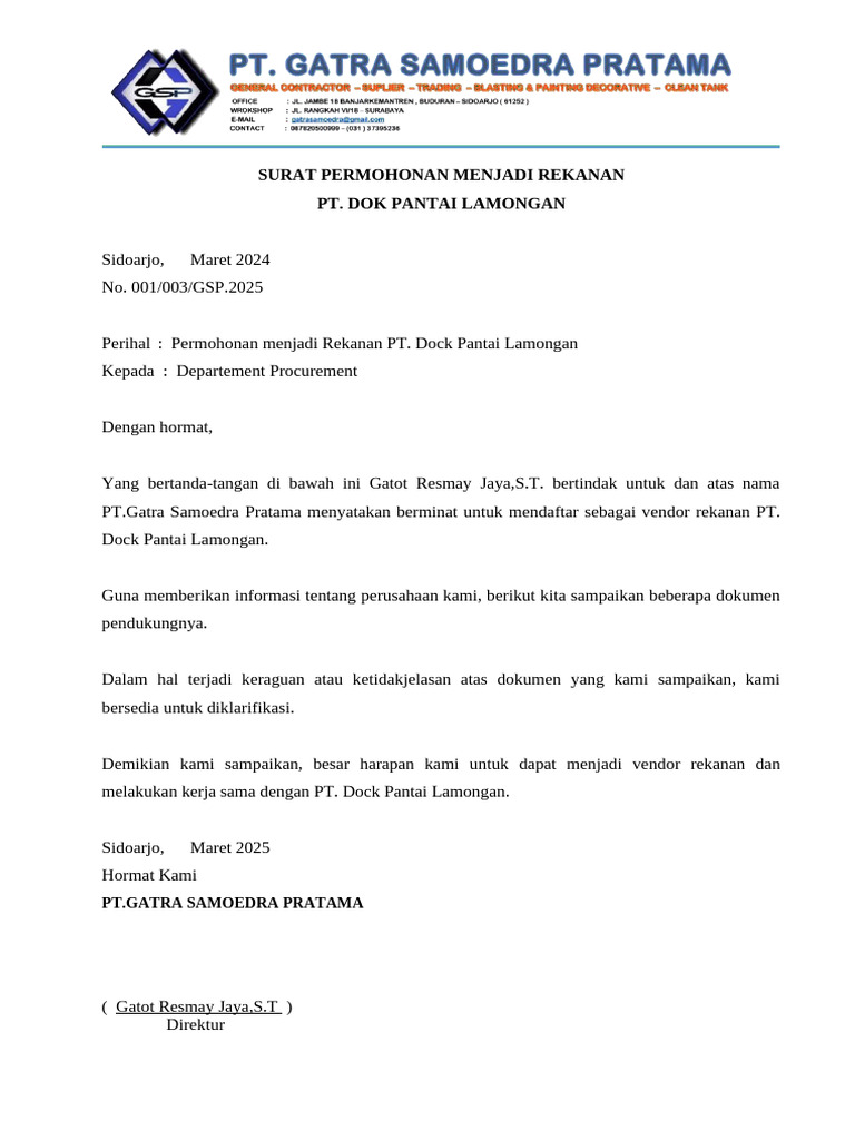 Surat Permohonan Menjadi Rekanan | PDF