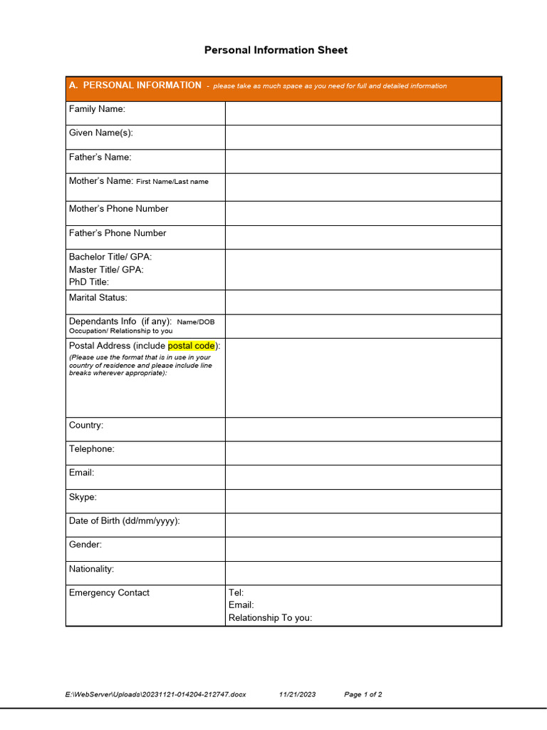 Personal Information Form | PDF