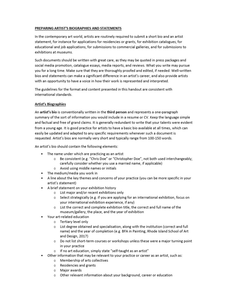 Handout On Artist Bios and Statements | PDF | Information