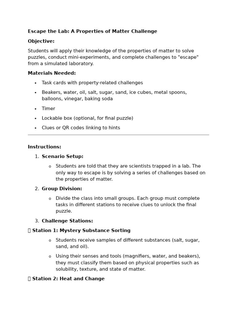 Science Escape: Matter Challenge | PDF | Density | Matter