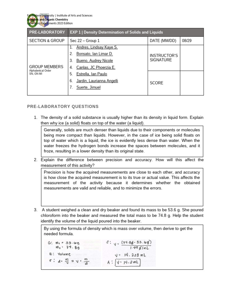 Experiment 1 Pre Lab Data Sheet Post Lab Format | PDF | Density | Liquids