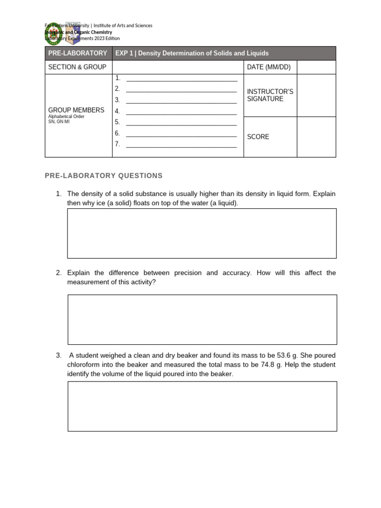 Experiment 1 Pre-Lab Data Sheet Post-Lab Format | PDF | Density | Volume