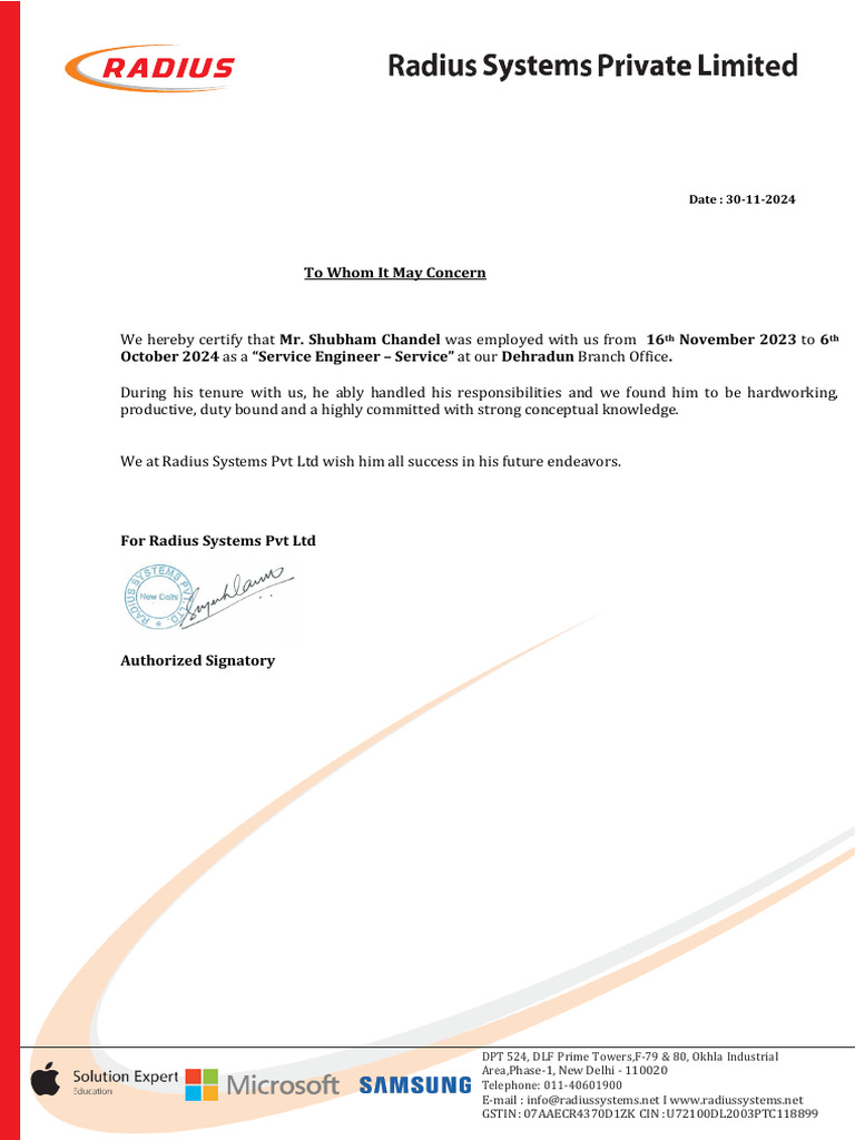 Employment Certificate for Shubham Chandel | PDF
