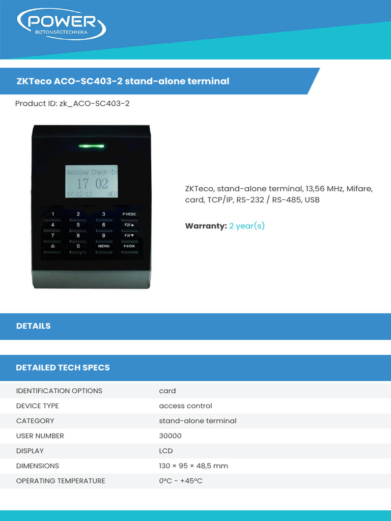 zkteco-aco-sc403-2-stand-alone-terminal-zk-aco-sc403-2 | PDF