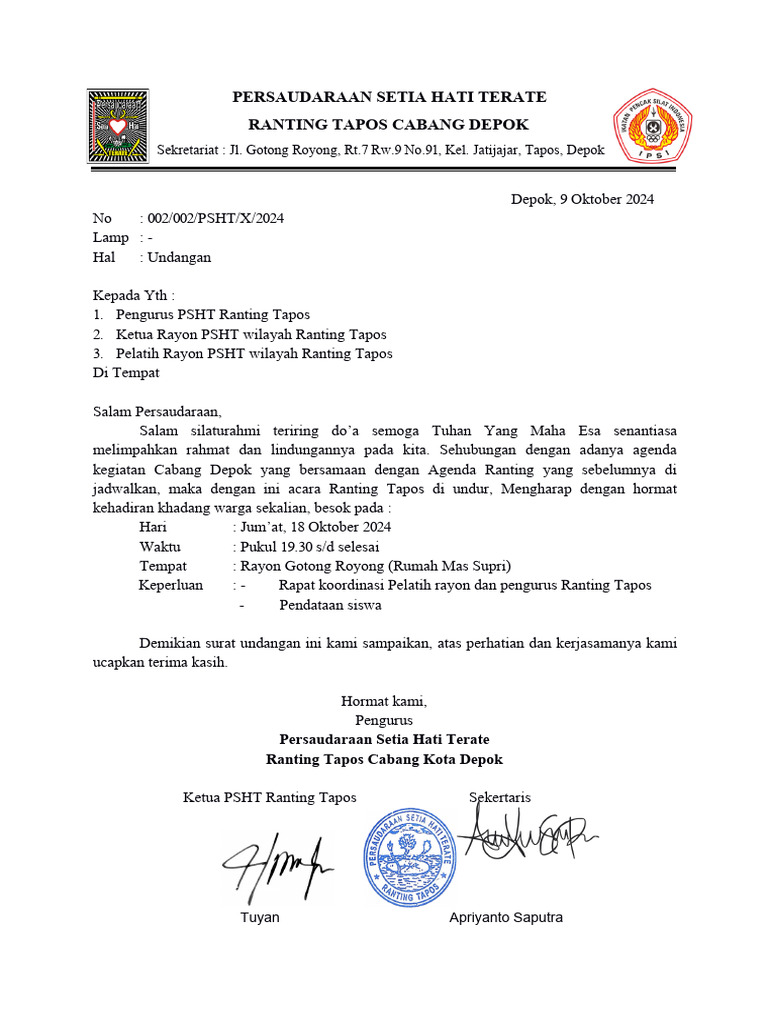Undangan Rapat PSHT Ranting Tapos | PDF