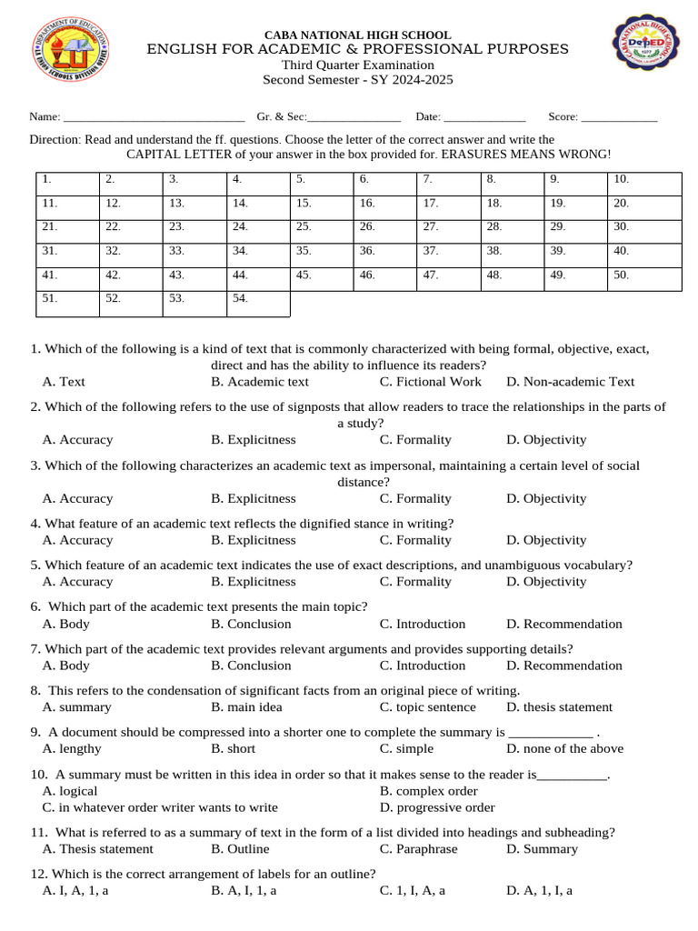 3RD QUARTER EXAM (English For Acad.) SY 24-25 | PDF | Essays | Feminism
