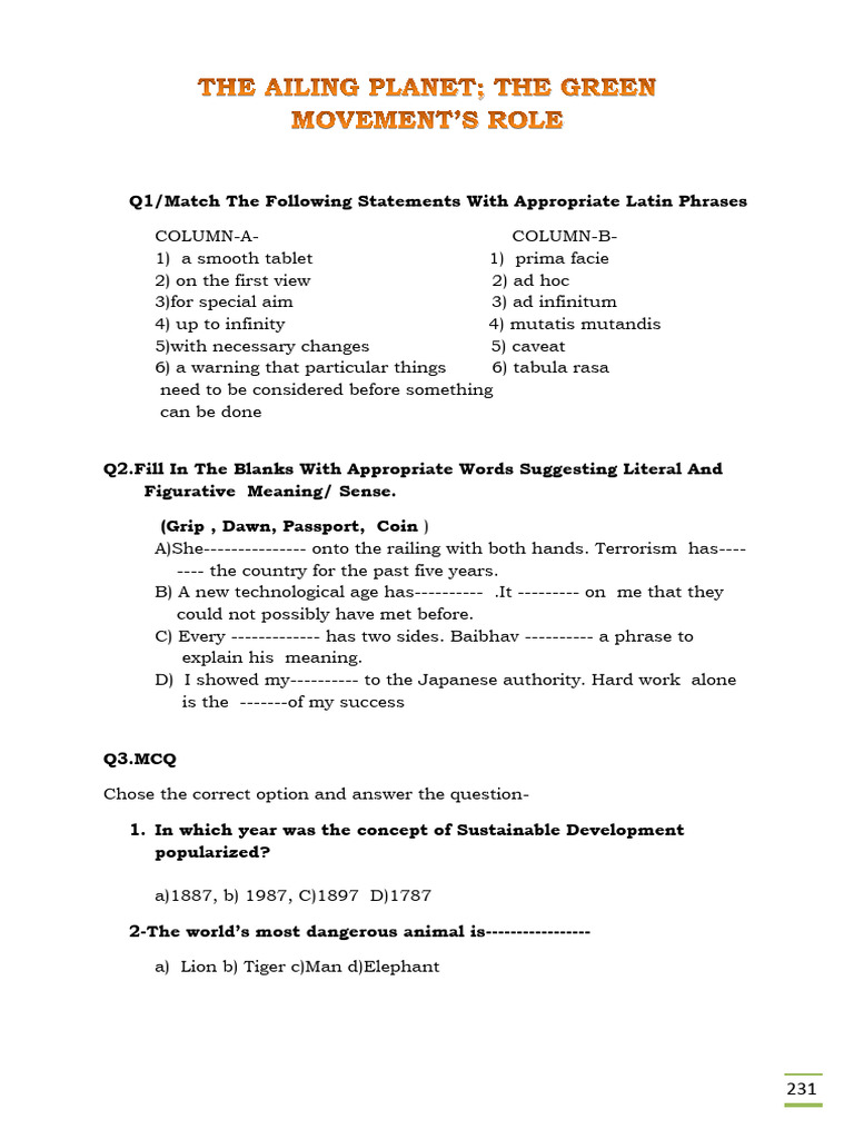 CBSE Class 11 English The Ailing Planet Questions Answers | PDF