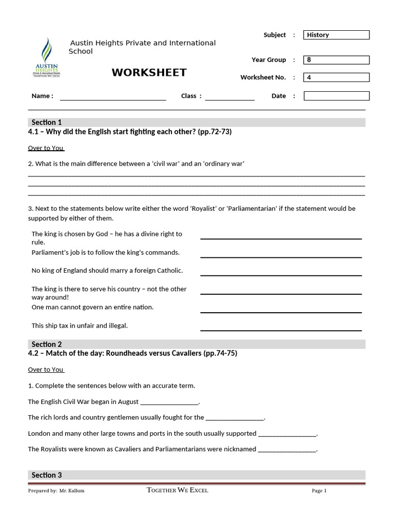 English Civil War Worksheet | PDF | English Civil War | Wars Of The ...