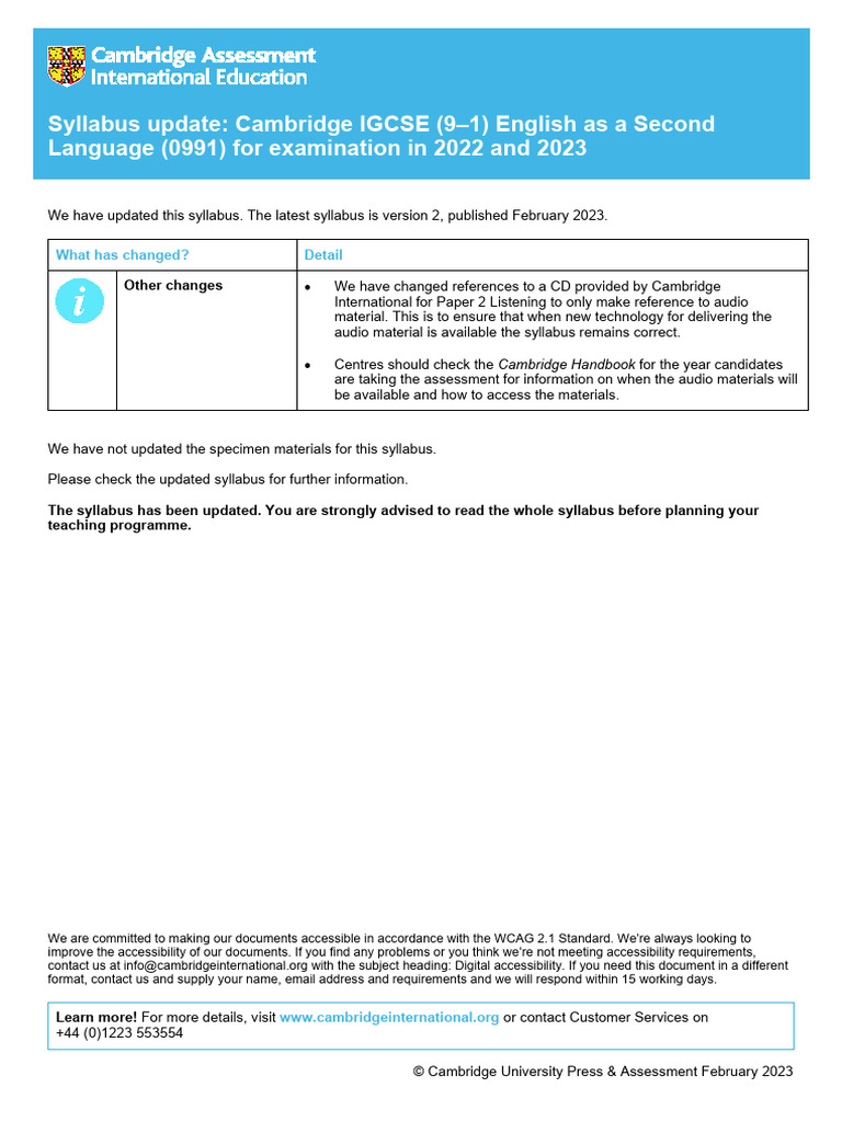 Cambridge IGCSE ESL Syllabus Update 2023 | PDF