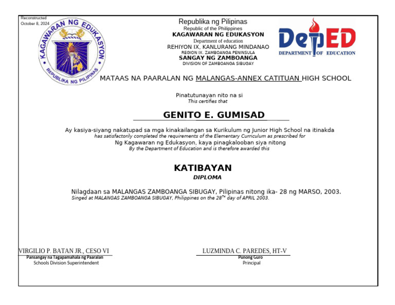 2020 Junior High School Certificate of Completion TEACHERPH | PDF