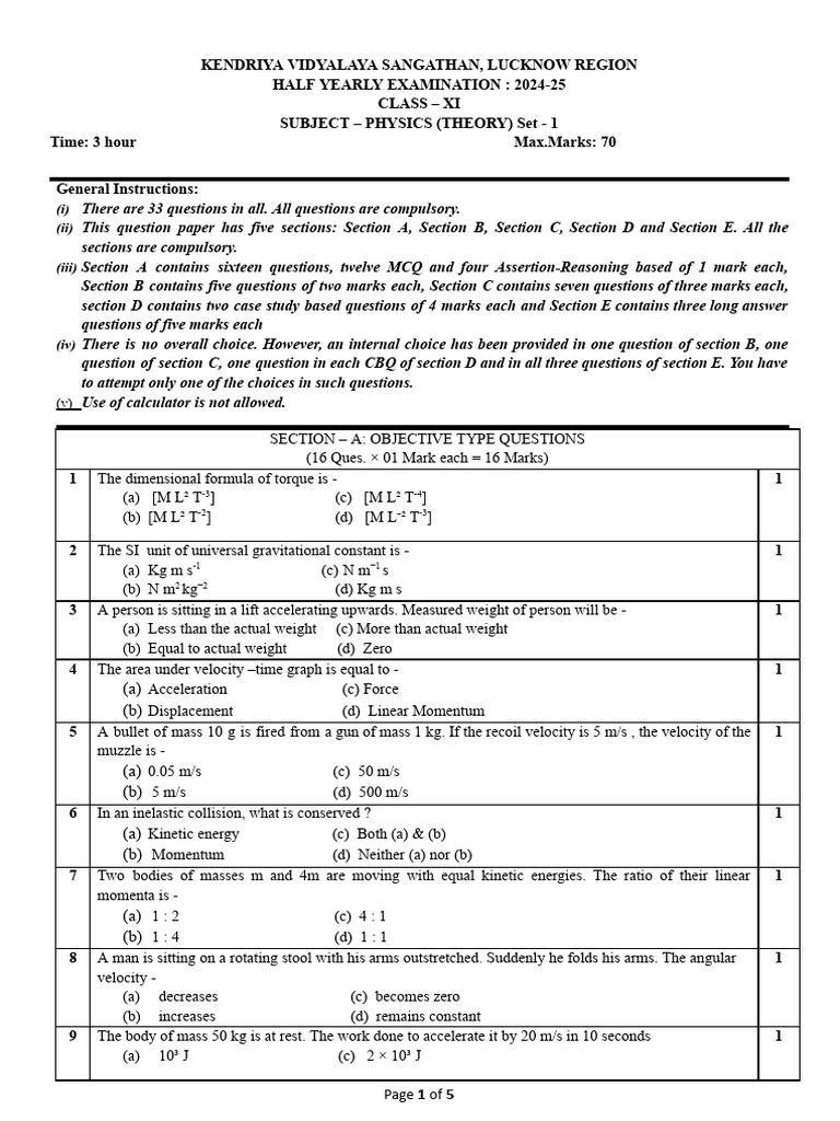 XI Physics (Half Yearly) 2024-25 | PDF | Rotation Around A Fixed Axis | Force