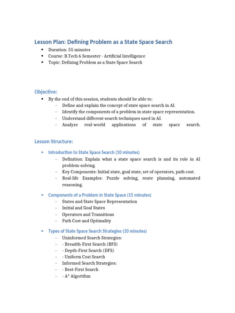 State Space Search in AI Lesson Plan | PDF