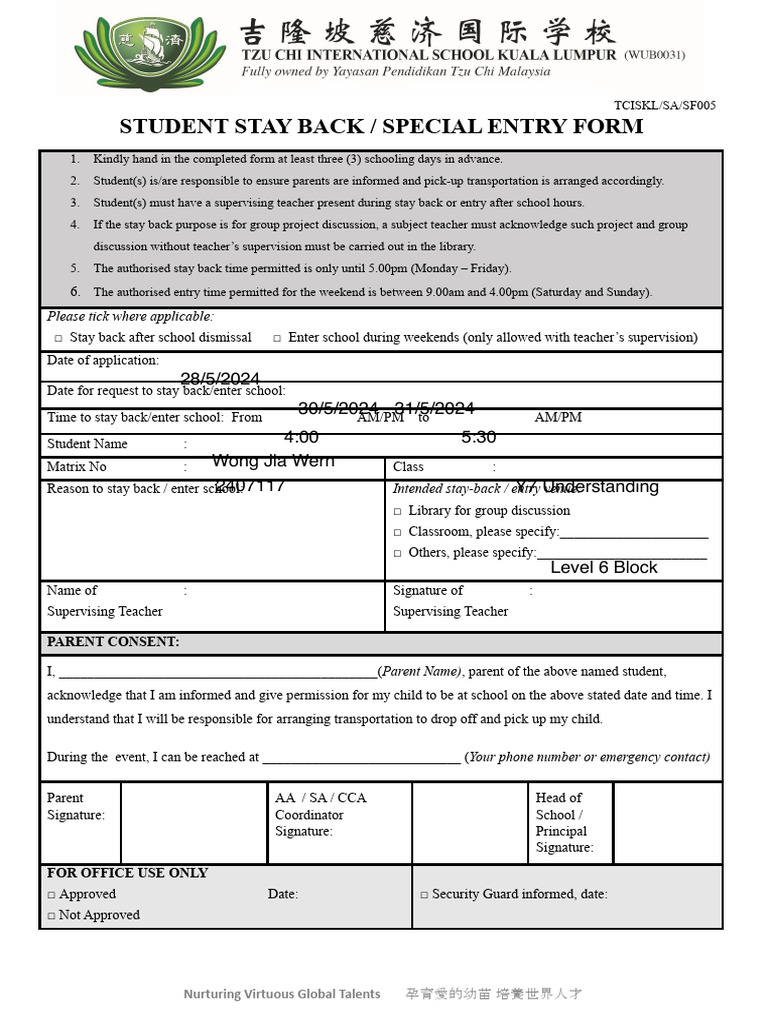 TCISKL SA SF005 Student Stay Back or Special Entry Form-1 | PDF