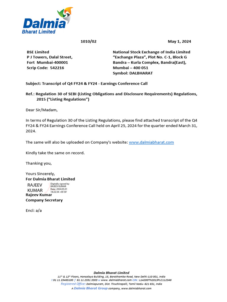 Dalmia - Transcript - FY 2024 | PDF | Income | Depreciation