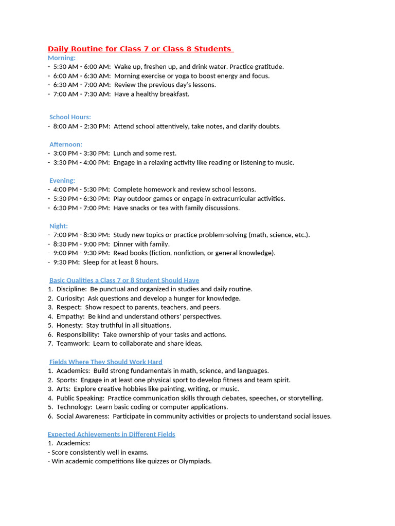 Daily Routine for Class 7 & 8 Students | PDF | Homework | Leadership