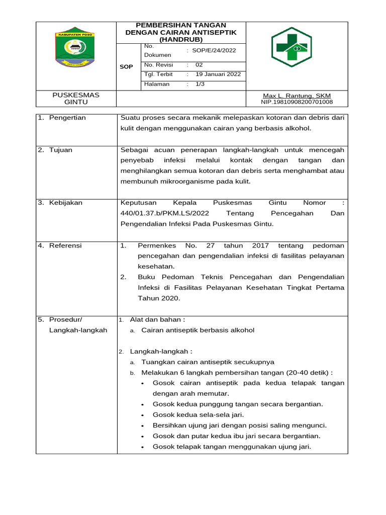 a. SOP Kebersihan Tangan (Hand Hygiene) Dengan Handrub | PDF