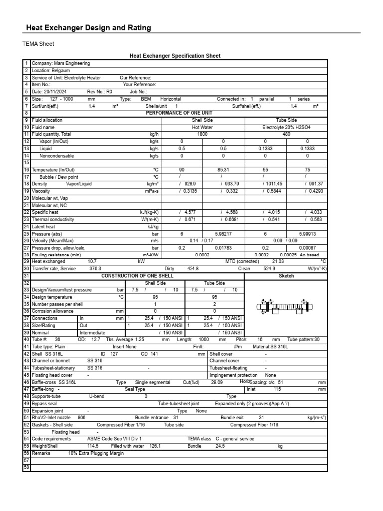 Shell and Tube Thermal Datasheet R00 | PDF | Heat Exchanger | Liquids
