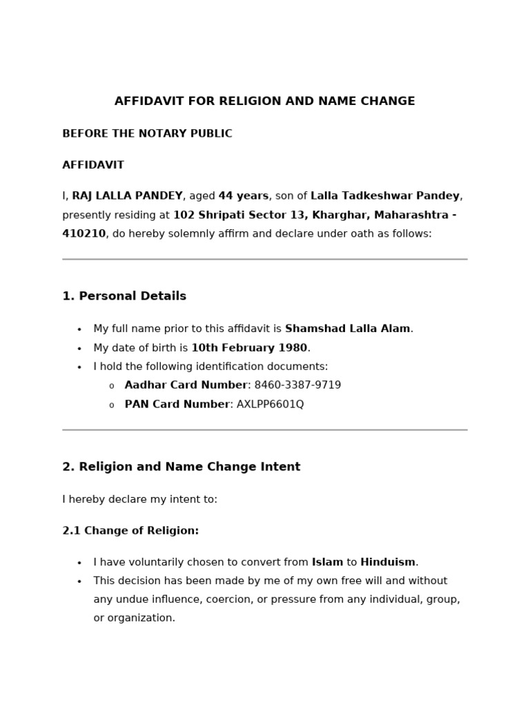 Affidavit for Religion and Name Change | PDF | Affidavit