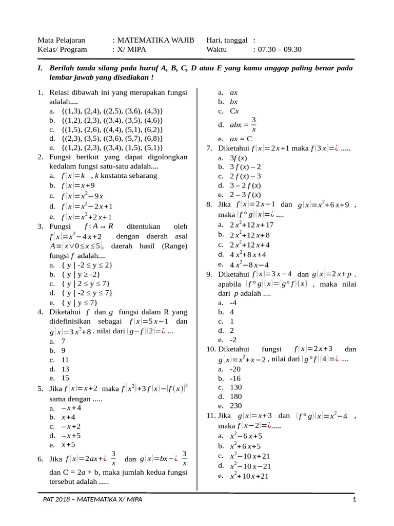 Soal PAT Matematika Wajib Kelas 10 | PDF