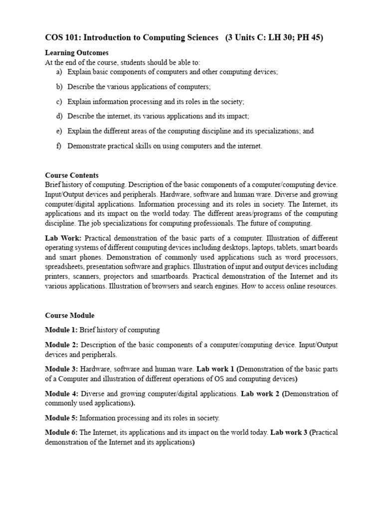 COS 101 Course Lecture Note - Ext Dept. | PDF | Computer Data Storage | Input/Output