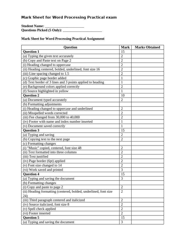 Mark Sheet for Word Processing Practical Exam FINAL | PDF | Word ...