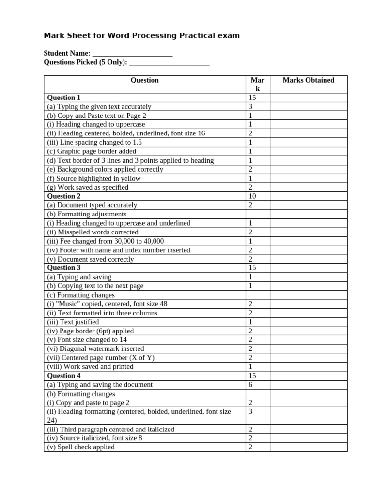 Mark Sheet for Word Processing Practical Exam | PDF | Word Processor ...