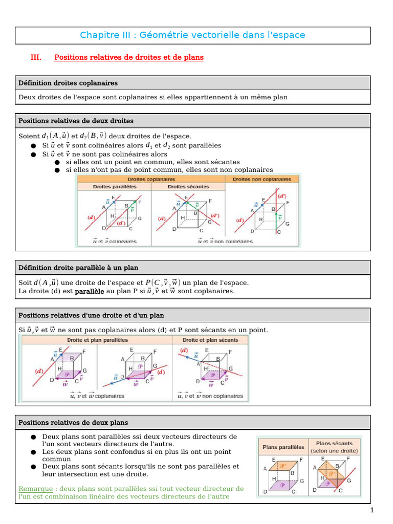 Positions relatives des droites et plans | PDF | Droite (mathématiques ...