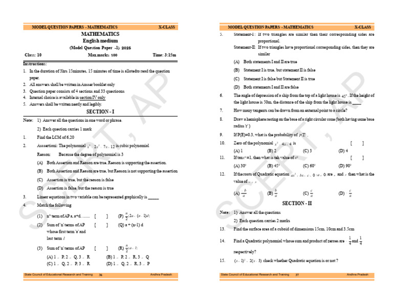 10th Maths Model Papers (SCERT) (2) | PDF | Polynomial | Equations