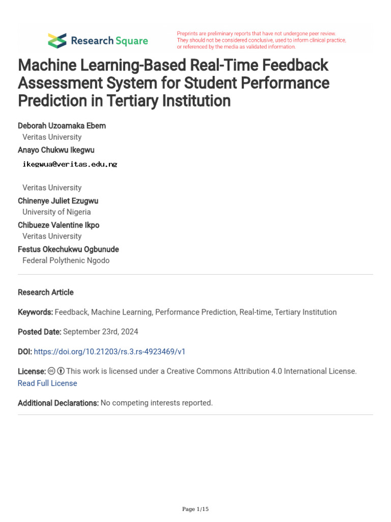 Machine Learning-Based Real-Time FeedbackAssessment System For Student PerformancePrediction in ...