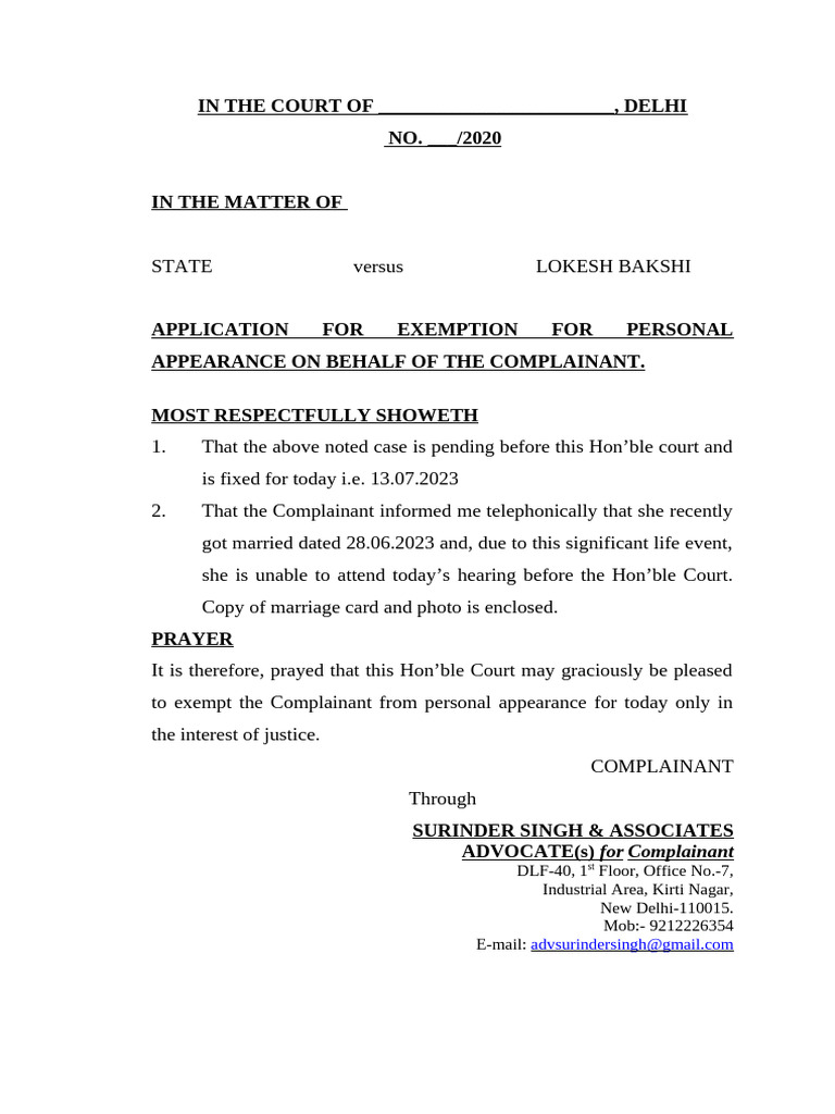 Exemption Application-Neha Sandhu | PDF