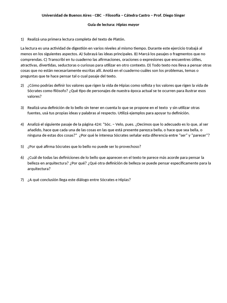 Guía de lectura - Hipias Mayor (1) | PDF