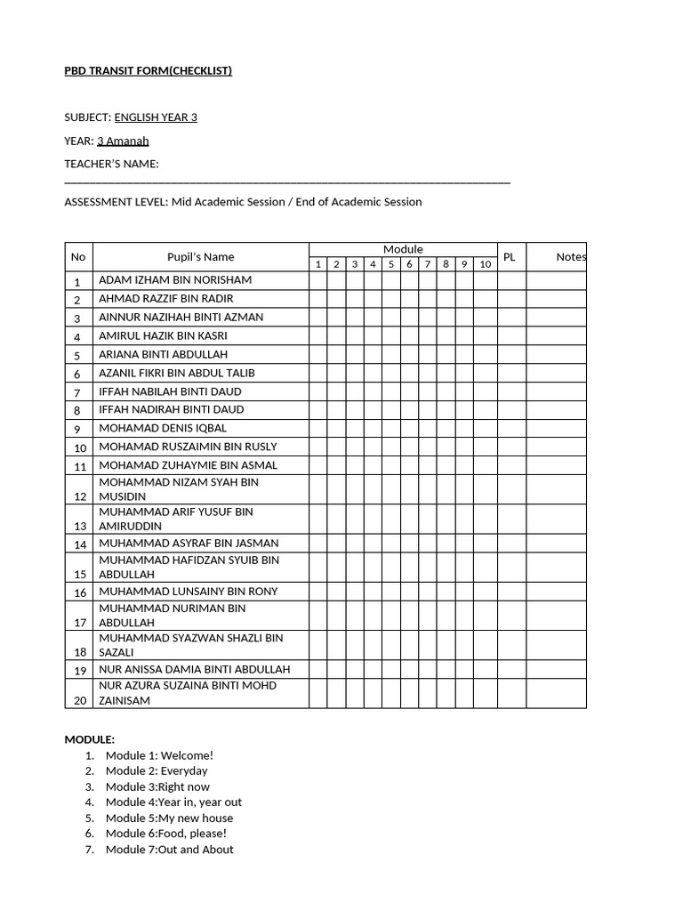PBD TRANSIT FORM - ENG YEAR 3 (Checklist) | PDF