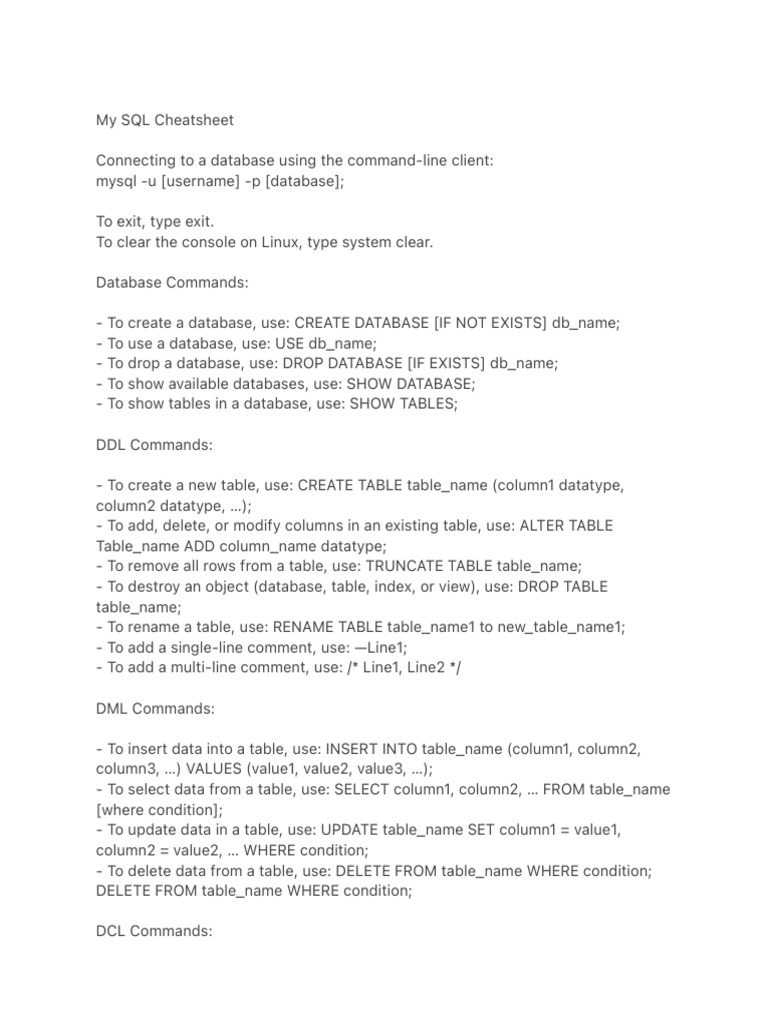 My SQL Cheatsheet - Consise | PDF | Computing | Sql