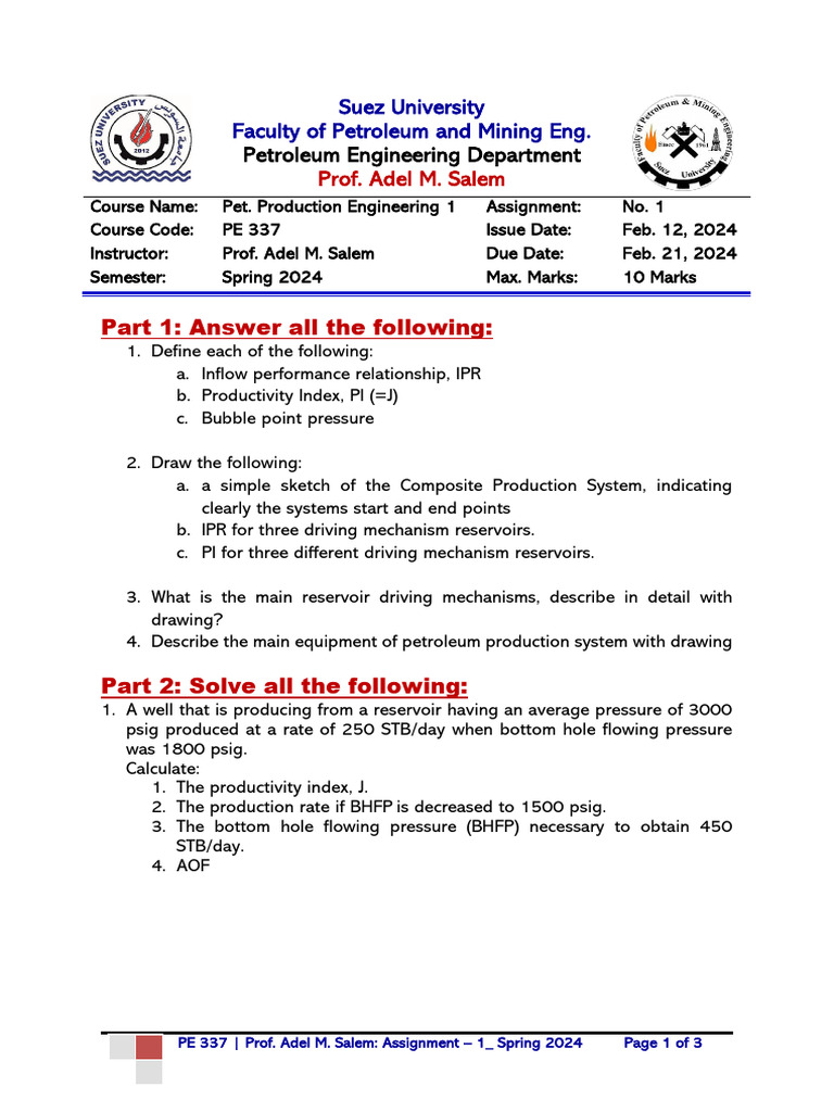 Assignment No. 1 - PE 337 - Spring 2024 | PDF | Petroleum Reservoir ...