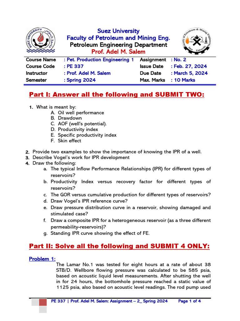 Assignment No. 2 - PE 337 - Spring 2024 | PDF | Pressure | Petroleum ...