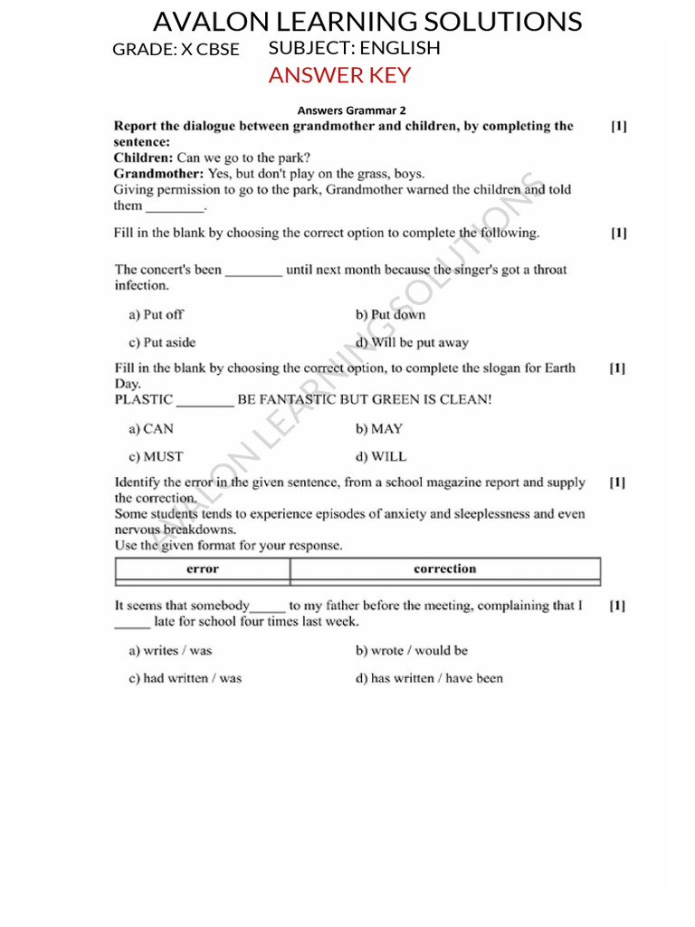 x Cb English Answer Key | PDF