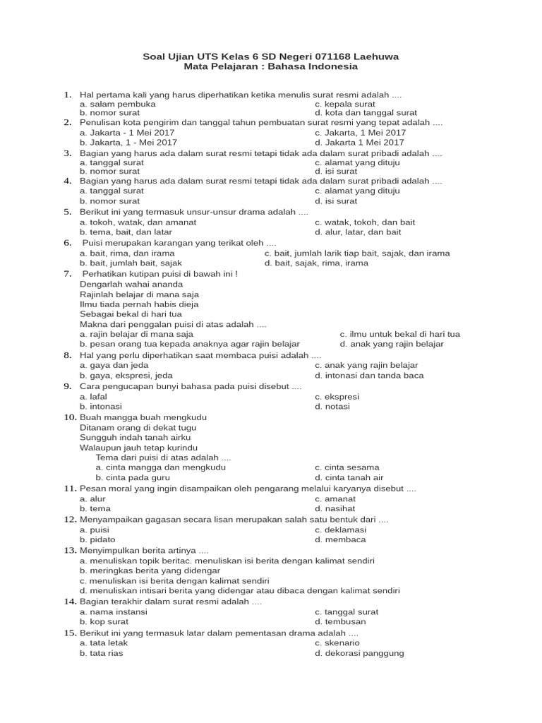 soal ujian pts kelas 6 B.Indo,IPA 2024 | PDF