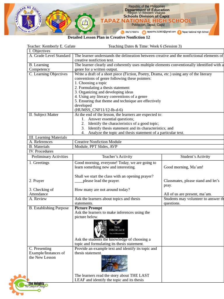 Creative Nonfiction Lesson Plan 12 | PDF | Lesson Plan | Learning
