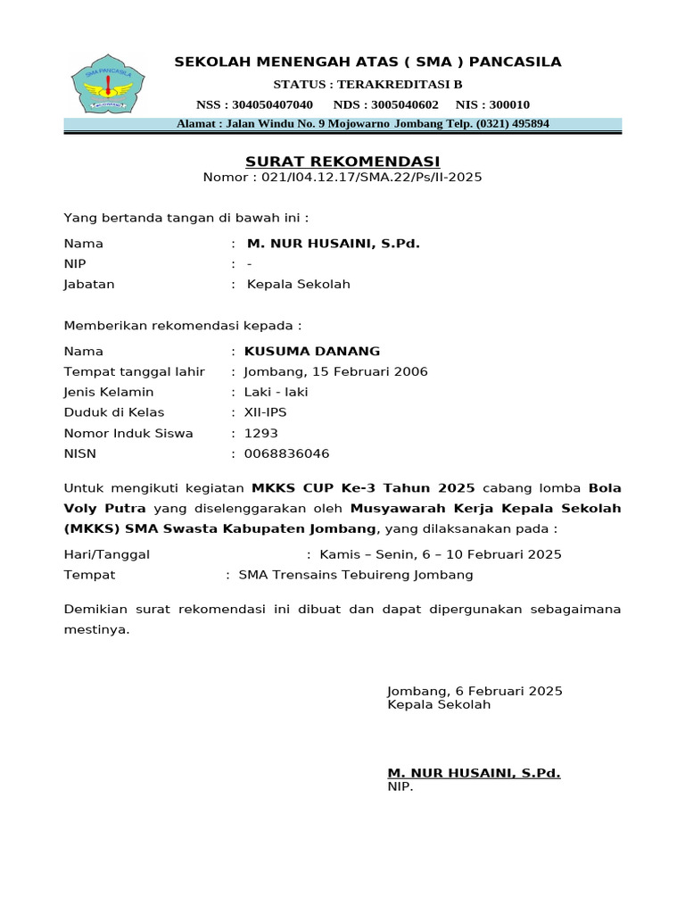 Surat Rekomendasi MKKS Cup 2025 | PDF