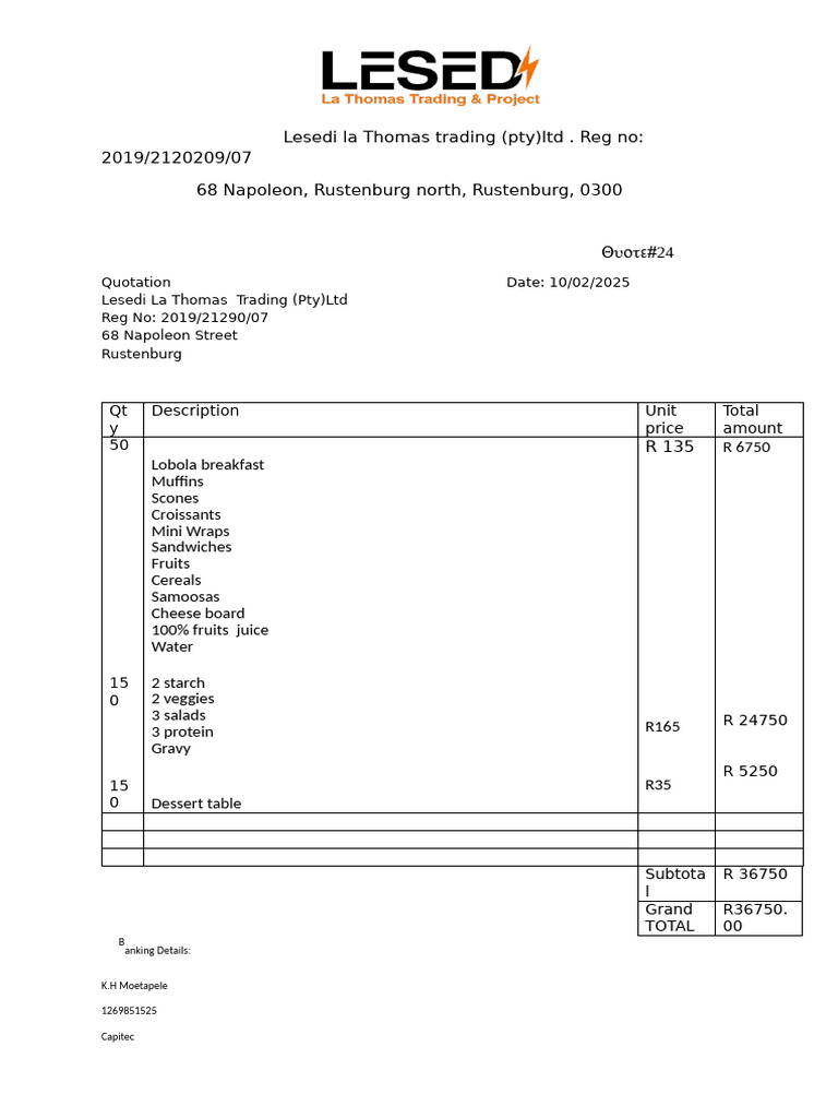 Catering Quotation for Lesedi la Thomas | PDF