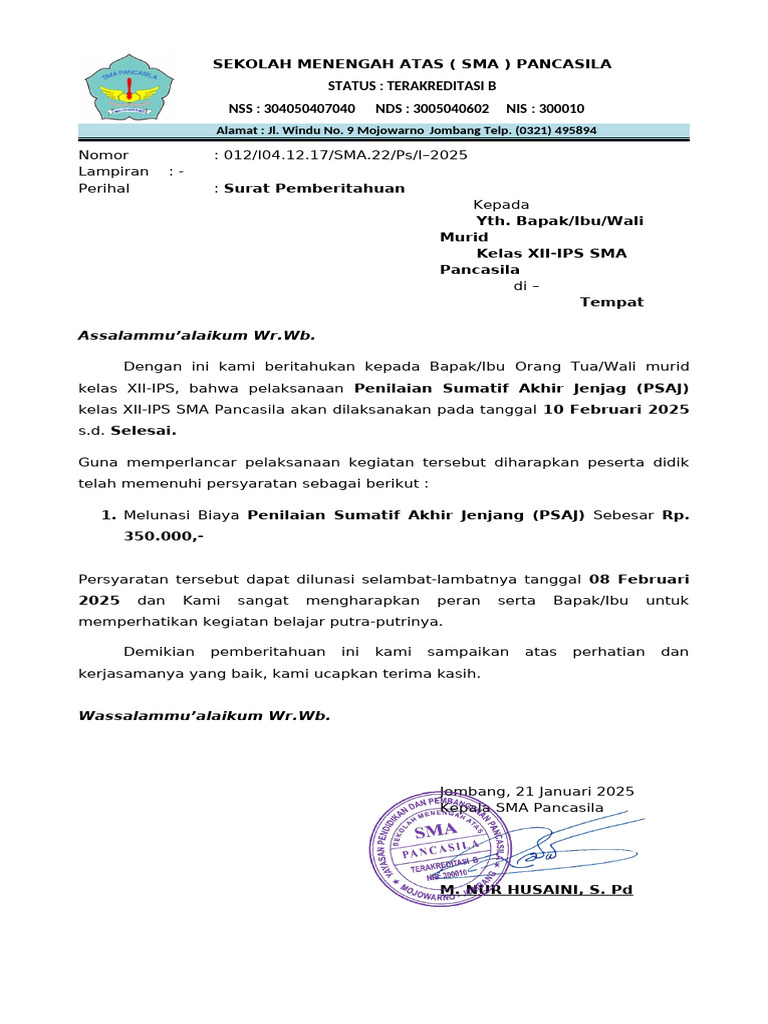 Edaran Sma Psaj Sma Pancasila 2025 | PDF